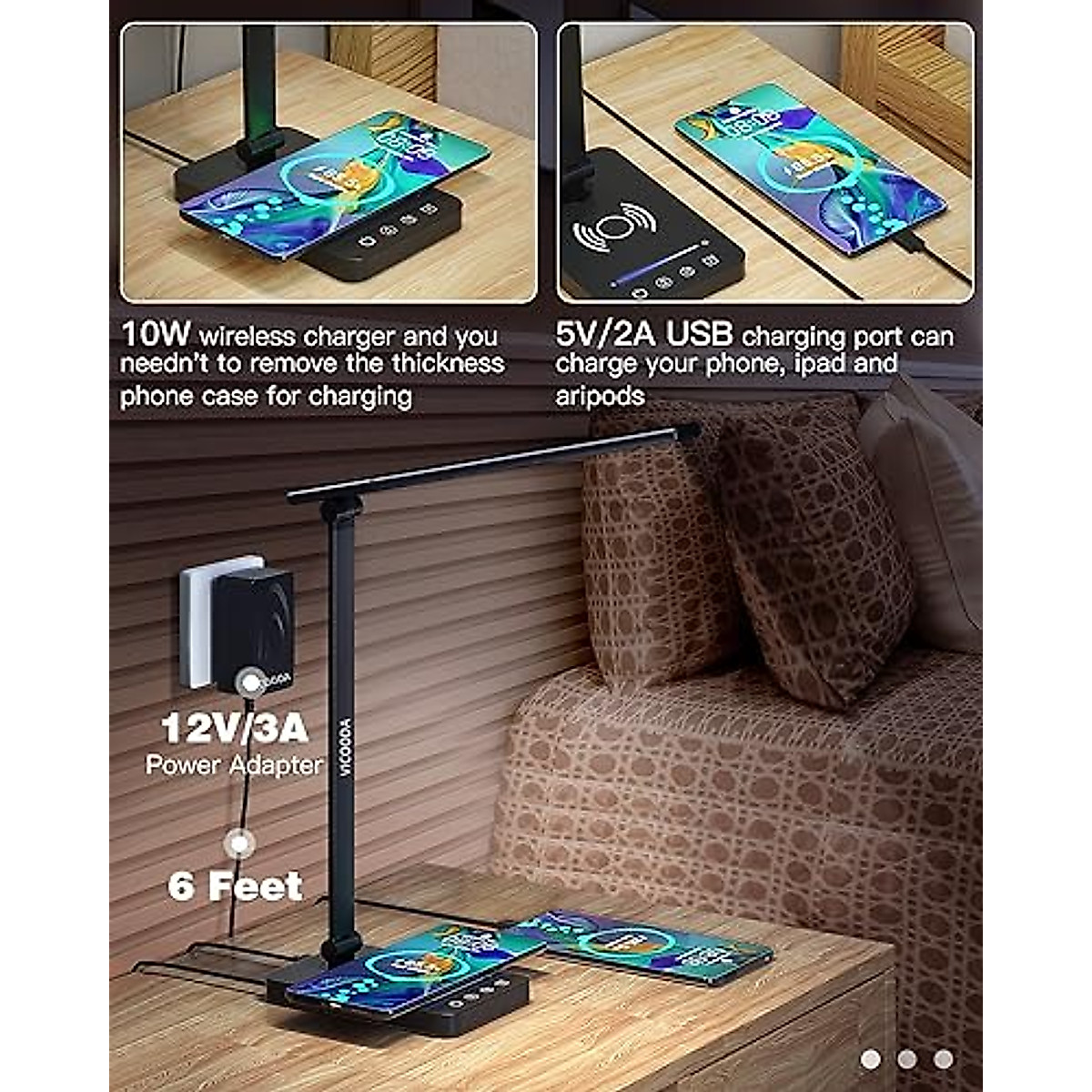 VICOODA LED Desk Lamp, Desk Lamp with Wireless Charger, USB Charging Port, Eye-Caring Table Lamp, 5 Color Modes & 7-Level Brightness, Touch Desk Light with Timer, Desk Lamps for Home Offic (Black)
