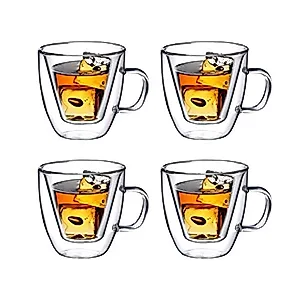 Bruntmor Double Wall Espresso Glass with Handle for Tea and coffee (4 oz, Set of 4). Made from borosilicate. Double walled and will not get too hot to hold. Shatter-proof and heat resistant.