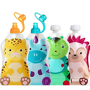 ChooMee Reusable Baby Food Storage Pouches 4 CT, 5 oz + SoftSip Food Pouch Tops 2 CT | Ideal for Baby food, Smoothies and Purees | Double Lock Zipper, Wide Bottom, BPA Free | SnakPack FreshSquad