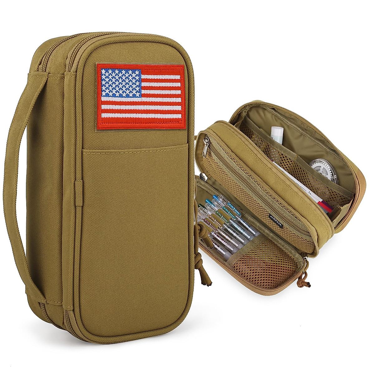 ATRIPACK Tactical Pencil Case for Boy,Large Capacity Pencil Pouch,Marker Organizer Case Pen Box, Tool Bag Desk Organizer for School College Office Organizer for Kids Men Women Adult Teens(Brown)