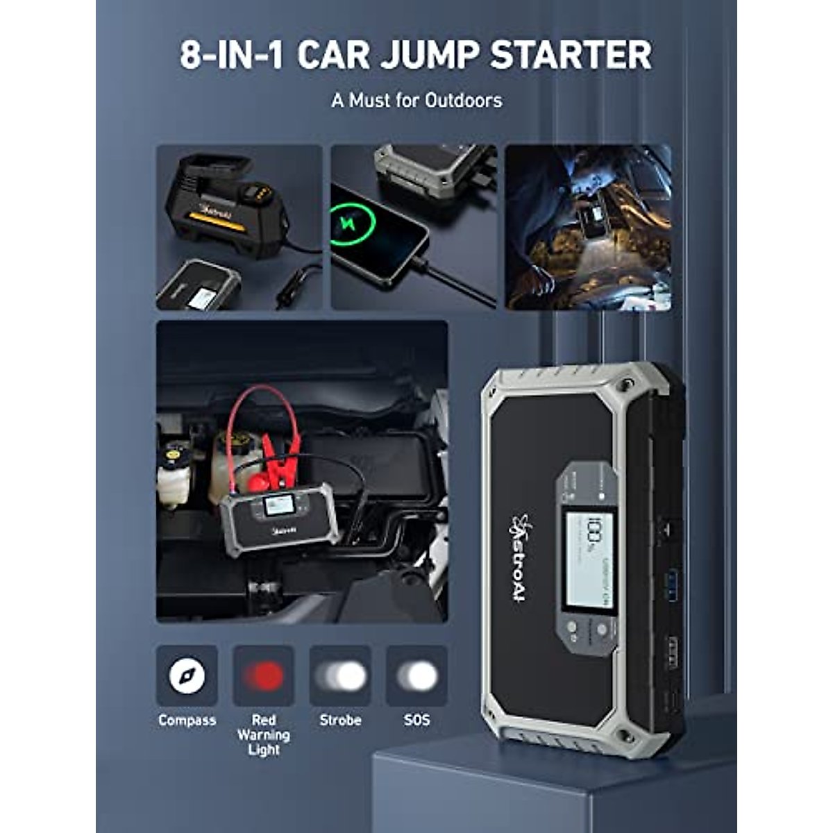 AstroAI Car Jump Starter, 2000A 12V 8-in-1 Battery Jump Starter, Up to 7.0L Gas & 3.0L Diesel Engines, 18000mAh Quick Charge 3.0 Power Bank, Informative LCD Screen with Cigarette adapter, Jumper Cable