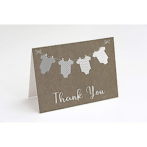 The Invite Lady Baby Shower Thank You Cards Burlap Sprinkle Jumpers Lovely Laundry Clothes Line Bodysuits Bow Tie Gender Neutral White Grey Gray Unisex (24 count)