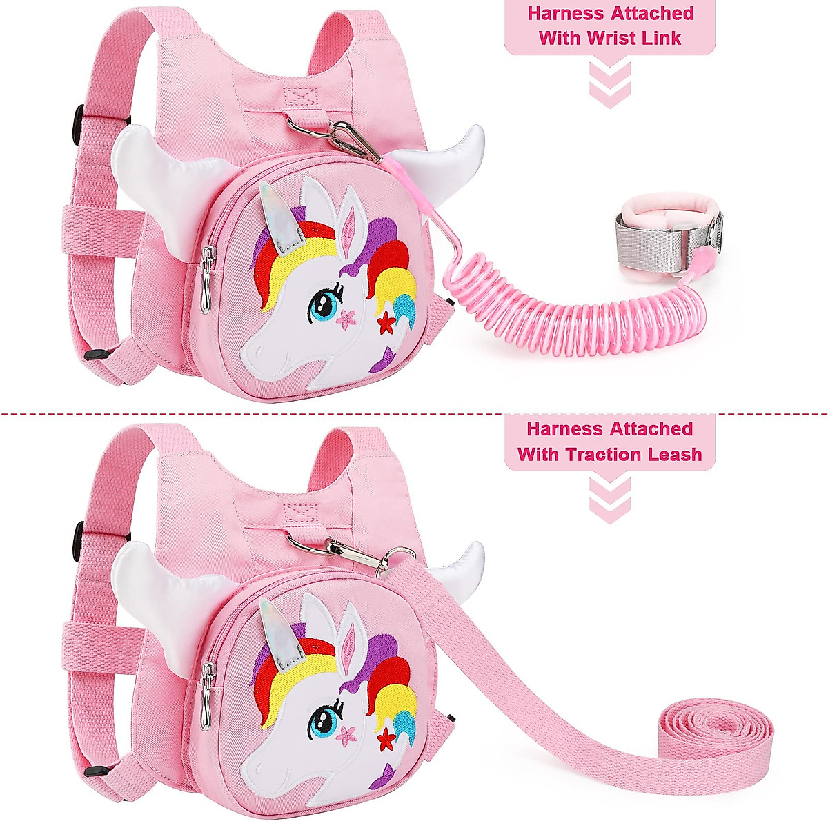 Toddler Leash Harness + Anti Lost Wrist Link, Accmor Unicorn Kids Leash Harness Wrist Leashes, Child Walking Harness Wristband Assistant Strap Belt for Baby Girls (Light Pink)