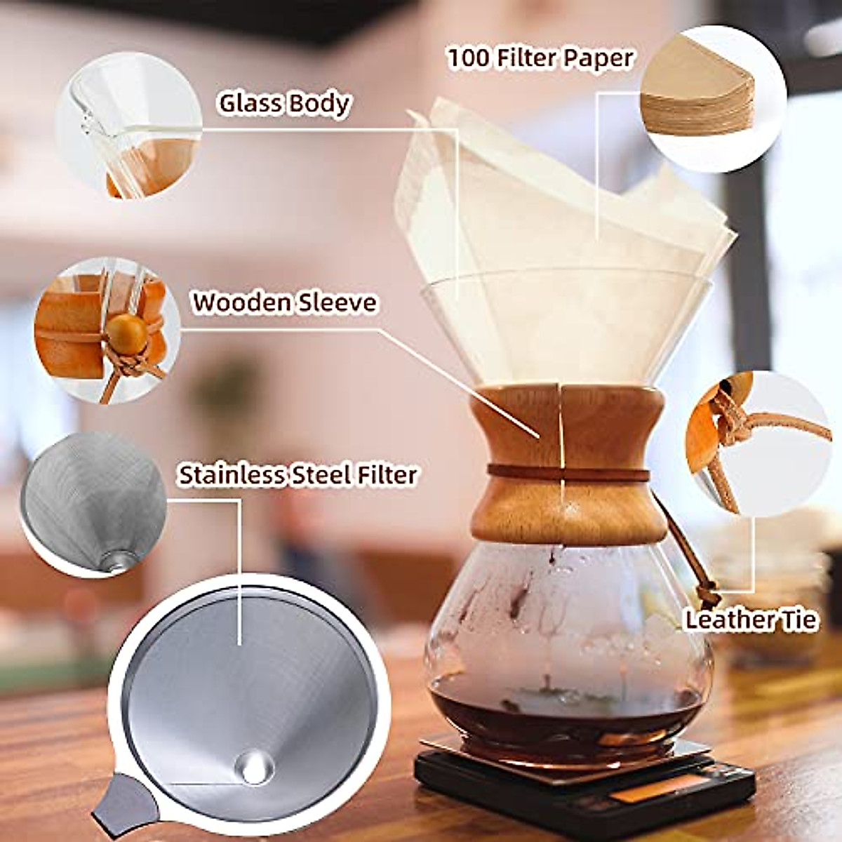 BicycleStore Pour Over Coffee Maker, Paperless Glass Carafe with 100 Filter Paper Reusable Glass Coffee Pot Manual Dripper Brewer Hand Drip with Stainless Steel Filter for Home Travel (14 oz/400 ml)