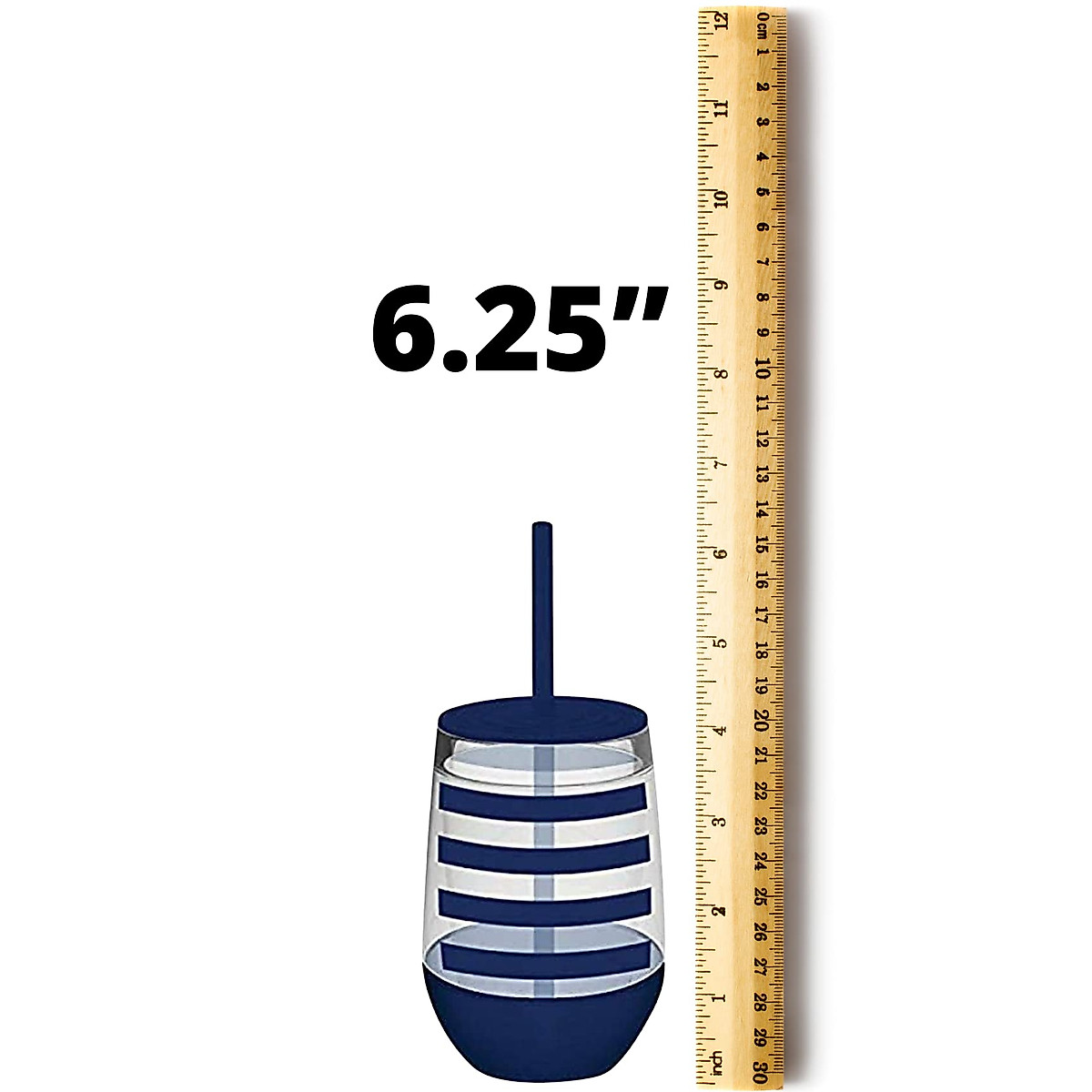 Needzo Reusable Outdoor Wine Glasses, Plastic Stemless Glass with Navy Stripes, Lid and Straw, Summer 2023 Cups for the Beach and Pool, Pack of 2