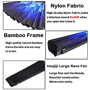 Amajiji Large Folding Fan, Rave Festival Accessories for Men/Women, Chinease/Japanese Bamboo Hand Fan, Performance Decoration Gift Dance Handheld Fan (Blue Flowers)
