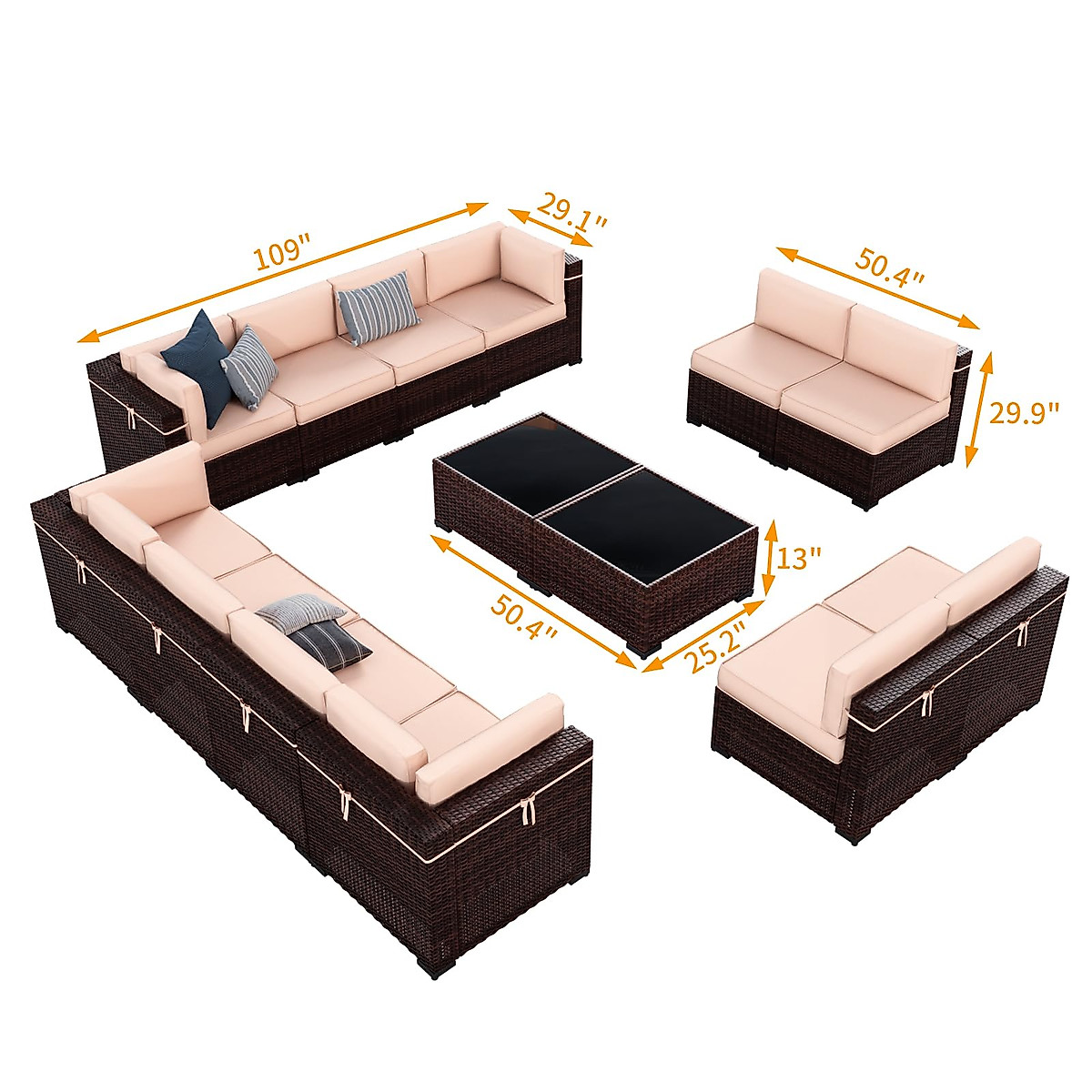 Amopatio Outdoor Patio Furniture Set, 14 Pieces PE Wicker Pit Sectional Sofa with Khaki Cushions, Coffee Tables, All-Weather Covers, Patio Conversation Sets Fits Patio Deck Balcony Yard