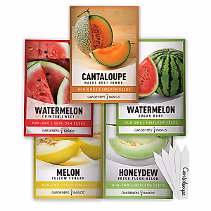 Melon Fruit Seeds For Planting Home Garden 5 Variety Packs - Hales Best Cantaloupe, Crimson Sweet Watermelon, Yellow Canary Melon, Green Flesh Honeydew Melon, Sugar Baby Watermelon by Gardeners Basics