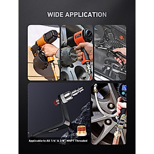 EVOULTES Pneumatic Tool Rafter Hook Hanger with 1/4 & 3/8 Inches Brass Air Fitting, 360° Swivel Lightweight Aluminum Air Tool Organizer Holder, L Shaped Hook for Air Nailer, Air Blow Gun