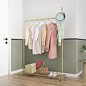 Smlttel Metal Gold Clothes Rack for Hanging Clothes, Rolling Clothing Rack for Boutique Display, Gold Coat Rack Standing Garment Rack with Shelf, Industrial Pipe Rack, Heavy Duty Clothing Rack, Gold