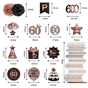 BRT Bearingshui Happy 60th Birthday Hanging Swirls Streamers Decoration Set, Happy Birthday Banner with Tissue Pompoms, Rose Gold and Black 60 Years Old Birthday Party Hanging Backdrop Decorations