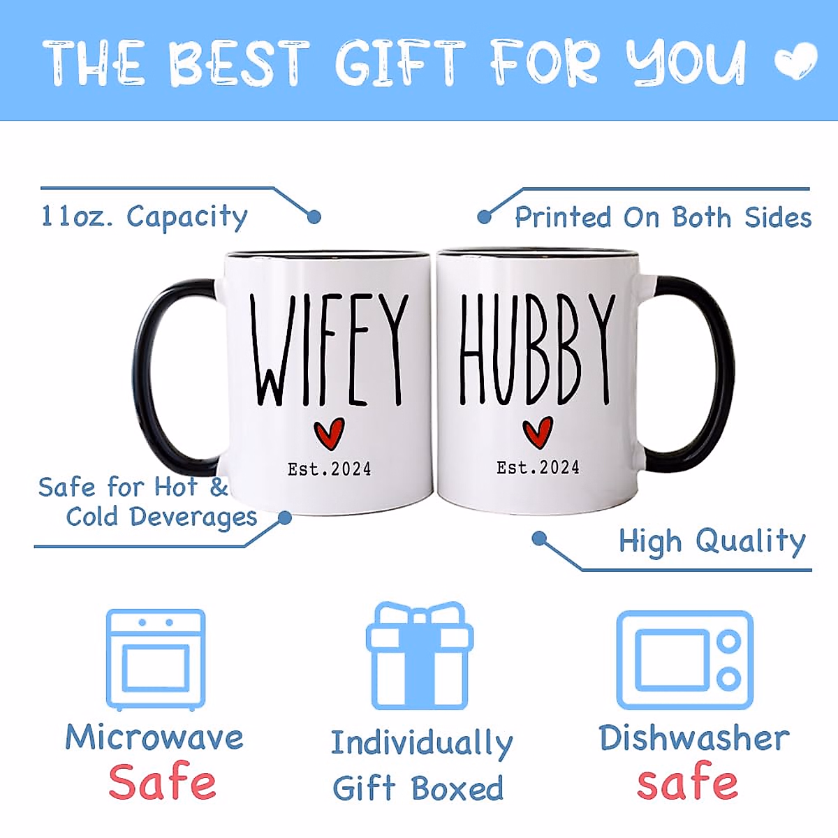 Est 2024 Hubby & Wifey Coffee Mugs Set, Wedding Gift Set of 2 to Give, Bride Groom Mug Set, Couples Coffee Mug Set, Newlywed Coffee Mugs Gift Set, Mr & Mrs Bridal Shower Gift (Black Handle)-5