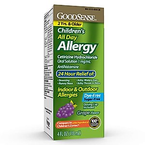 GoodSense Children’s All Day Allergy, Cetirizine Hydrochloride Oral Solution 1 mg/mL, Grape Flavor, 4 Fluid Ounces
