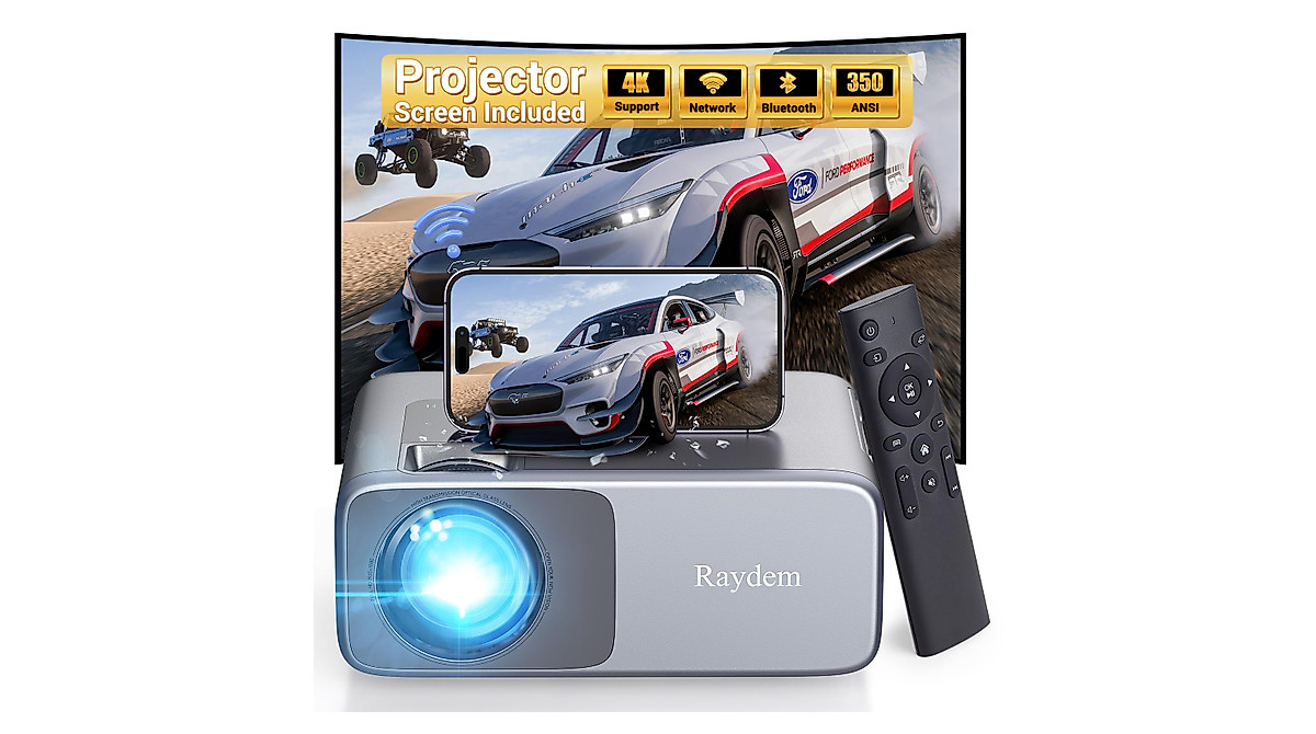 Raydem 1080P Projector - 4K Support, WiFi & Bluetooth for Home & Outdoors