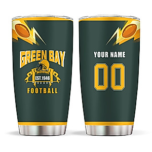 Custom Green Bay Tumbler 20oz Stainless Steel with Lid & Straw Personalized Football Fans Gifts for Women Men Travel Cup Insulated Tumbler Add Name Number