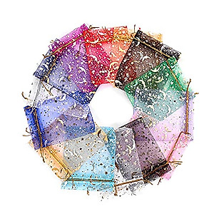 Pack of 100 melange organza bag 5"x7" hot stamping star and moon pattern wedding gift bag with drawstring