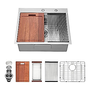 25 Drop Laundry Sink Workstation - Sarlai 25x22 Kitchen Sink Stainless Steel 16 Gauge Top Mount Drop In Overmount Deep Single Bowl Laundry Utility Sink Basin