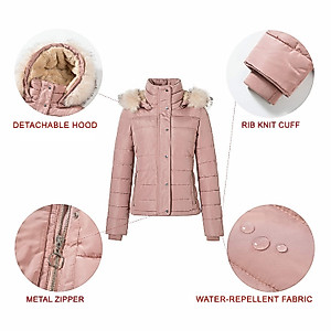 Royal Matrix Women's Heavy Short Quilted Puffer Coat Removable Faux Fur (Pink, Extra Large)