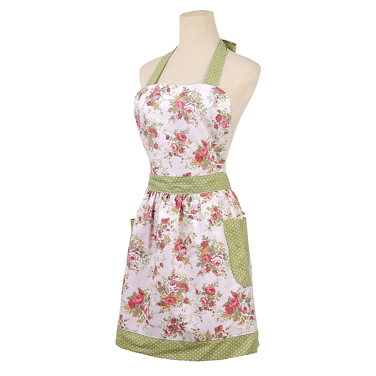 Surblue Kitchen Aprons for Women with 2 Pockets, Organic Cotton, Extra-Long Tie, Heavy Duty Bib Aprons for Cooking, Baking, BBQ, Gardening, Style Diana, Floral Green, Adult