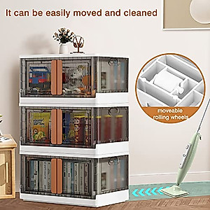 THXIY Plastic Storage Bins 1 Pack, 19 Gal Storage Bins with Lids and Wheels, Collapsible Storage Bins with Front Door and Top Cover Openings, Stackable Toy Storage Box containers for Home Organizing White