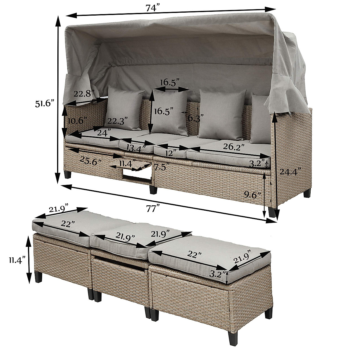 Quarte 4 Piece Outdoor Sectional Sofa Set, Patio UV-Proof Resin Wicker Sofa Set with Retractable Canopy, Cushions and Lifting Table