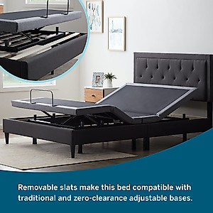 LUCID Upholstered Platform Bed Frame with Headboard– No Box Spring Needed – Queen Size – Pearl
