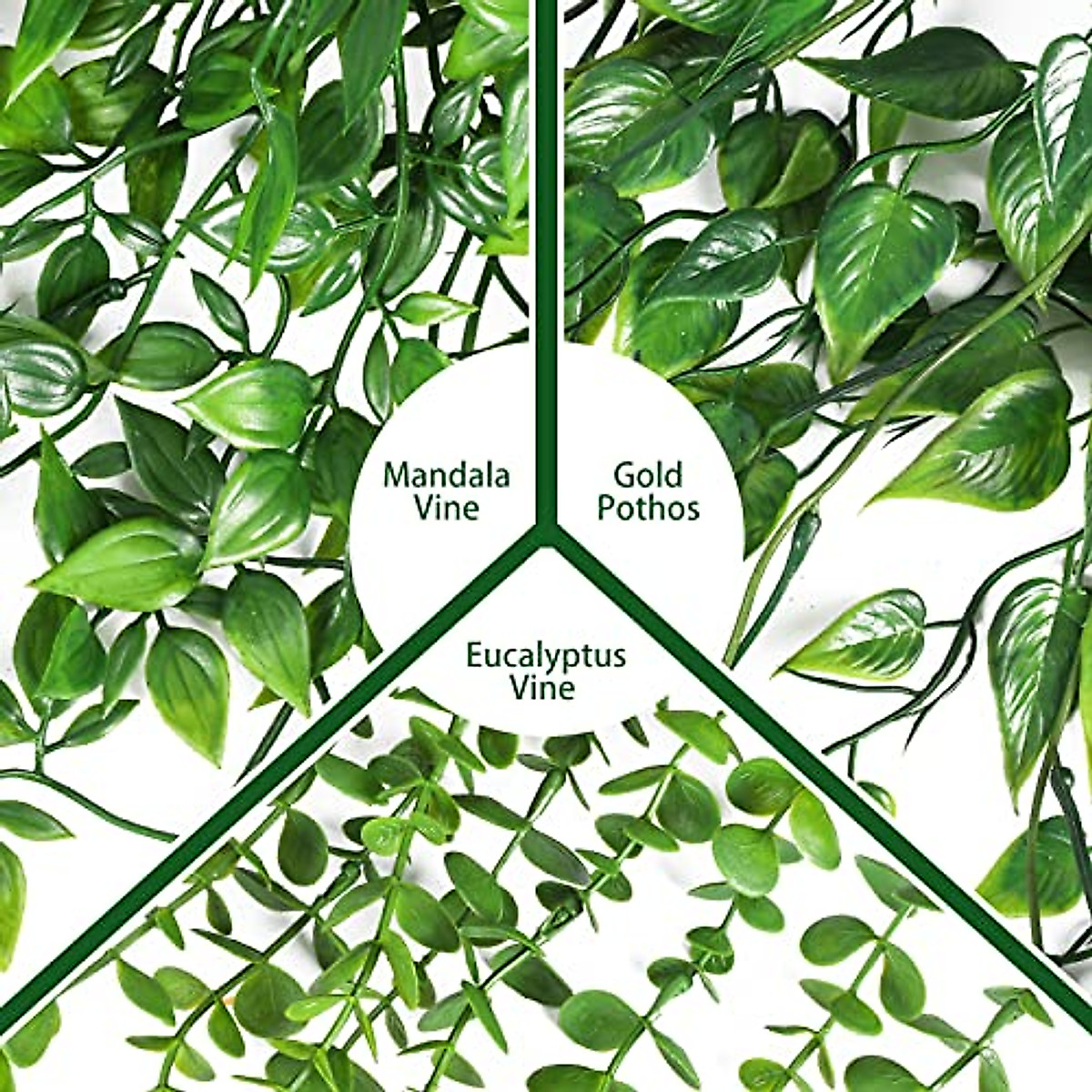 JPSOR 3pcs Fake Hanging Plants, Artificial Hanging Plants Kit, Potted Greenery Faux Eucalyptus Vine Golden Pothos Mandala Vine in Black Pot for Wall Room Patio Office Table Decor