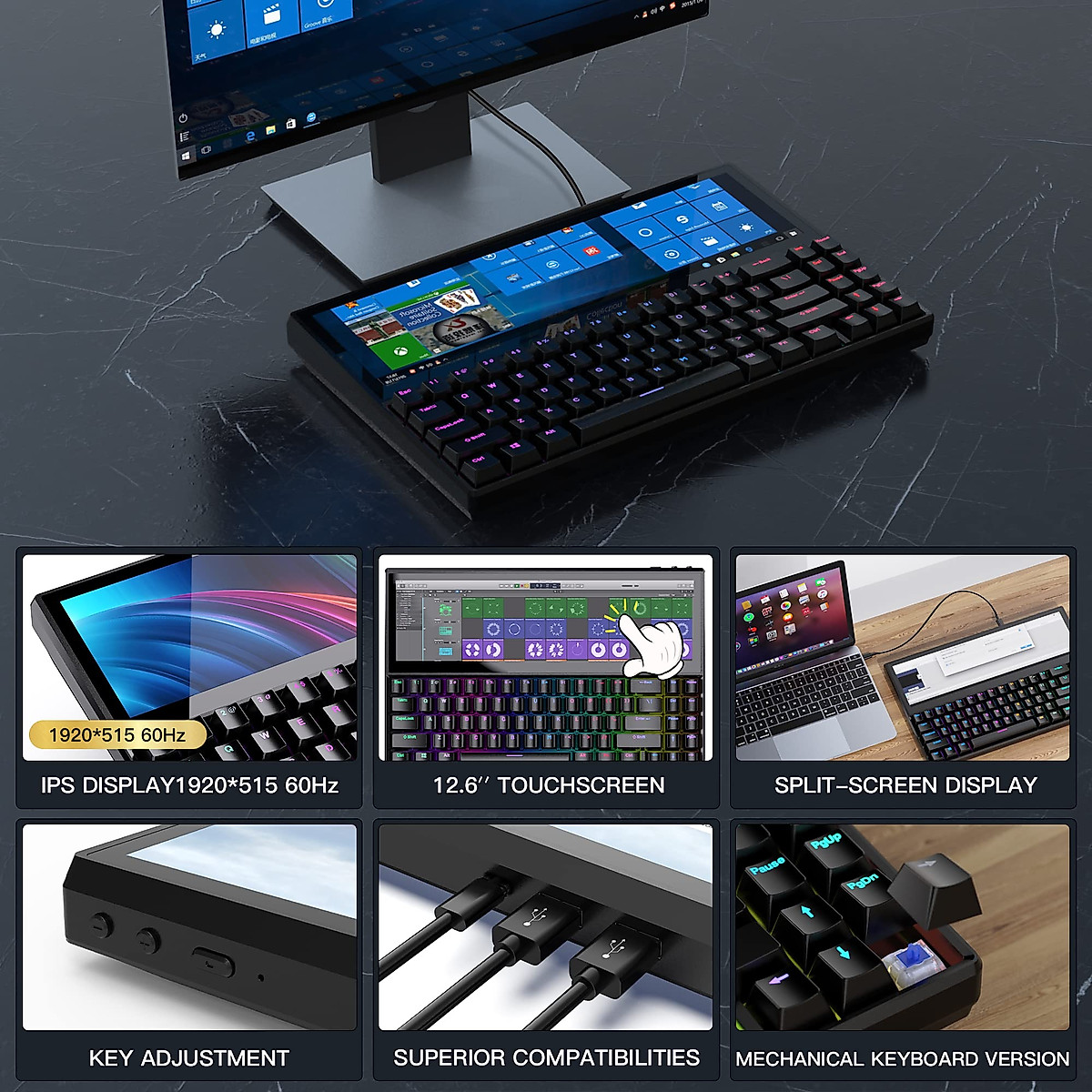 Kwumsy Portable Monitor Split Screen Keyboard Mechanical Multifunctional Keyboard with Built-in 12.6'' Touchscreen USB Expansion Compact 71 Keys RGB LED Backlit N-Key for Windows Mac Android (K2)