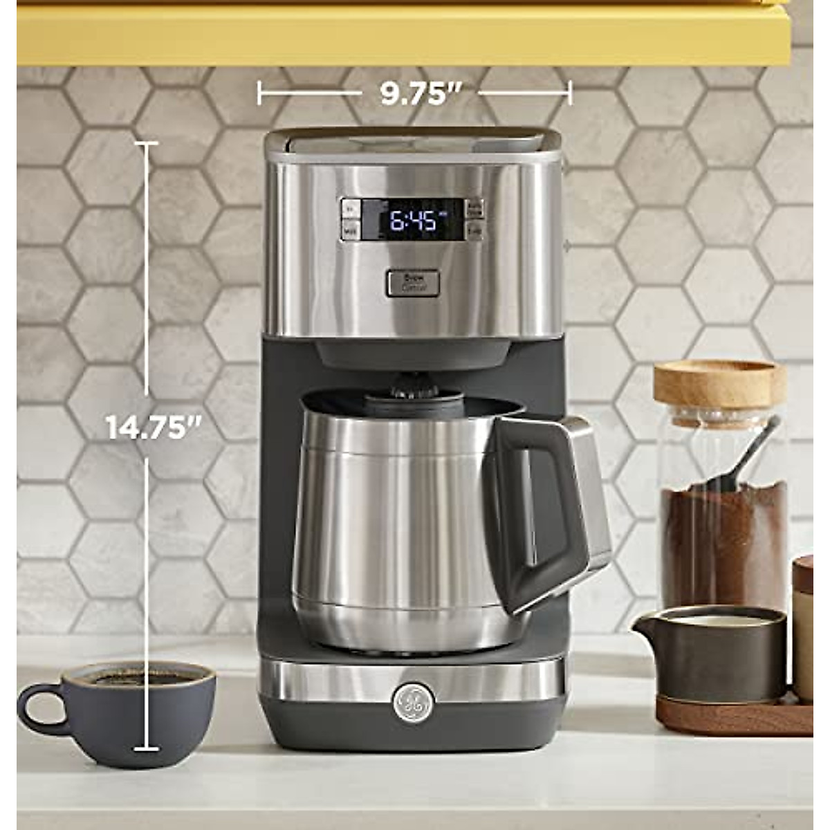 GE Drip Coffee Maker With Timer | 10-Cup Thermal Carafe Pot Keeps Coffee Warm for 2 Hours | Adjustable Brew Strength | Wide Shower Head for Maximum Flavor | Kitchen Essentials | Stainless Steel