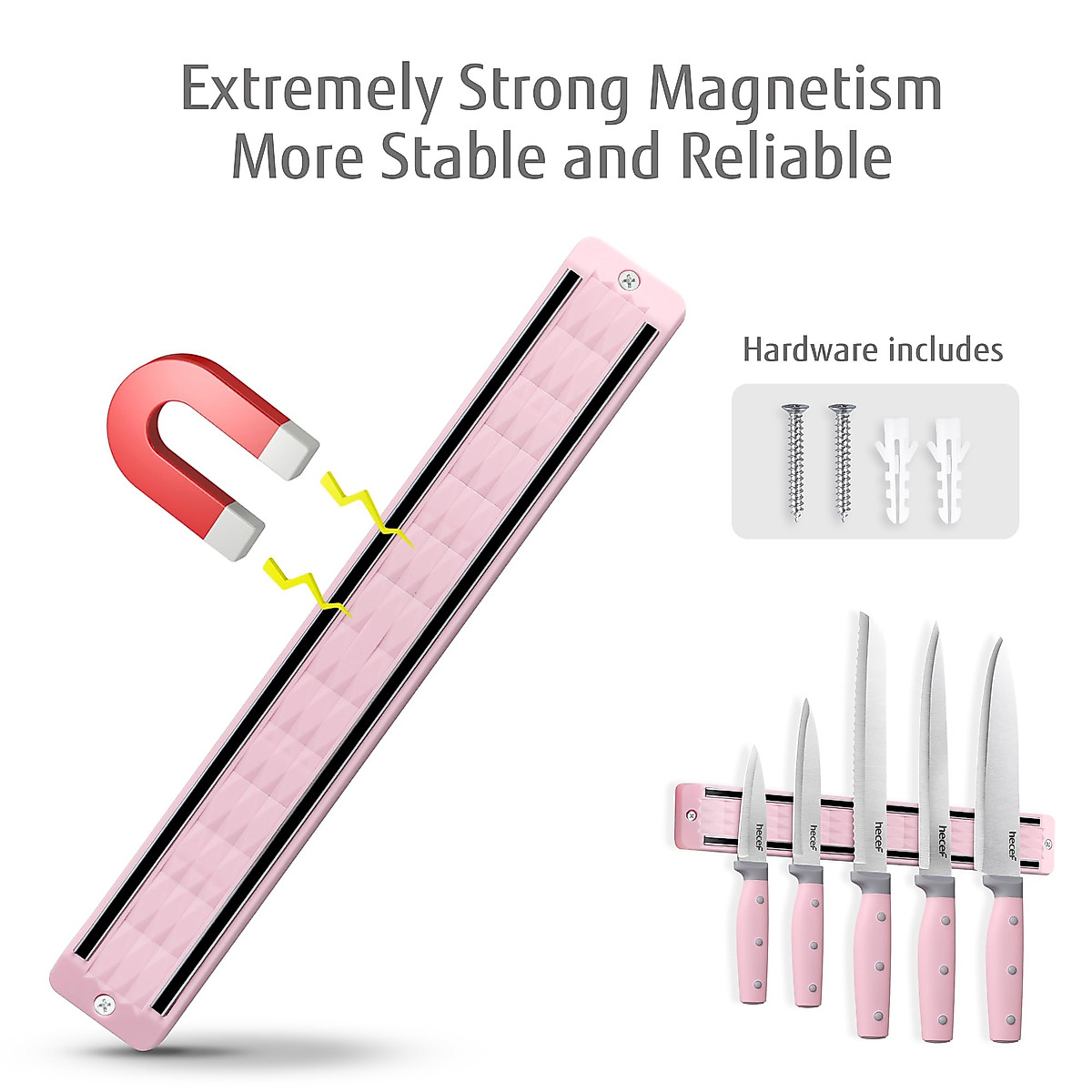 hecef Kitchen Knife Set with Magnetic Strip, 6 pcs Professional Knives Set for Kitchen, 13-inch Magnetic Strip Stainless Steel Sharp Chef Knife Set with Pink Handle for Cutting Meat & Vegetable