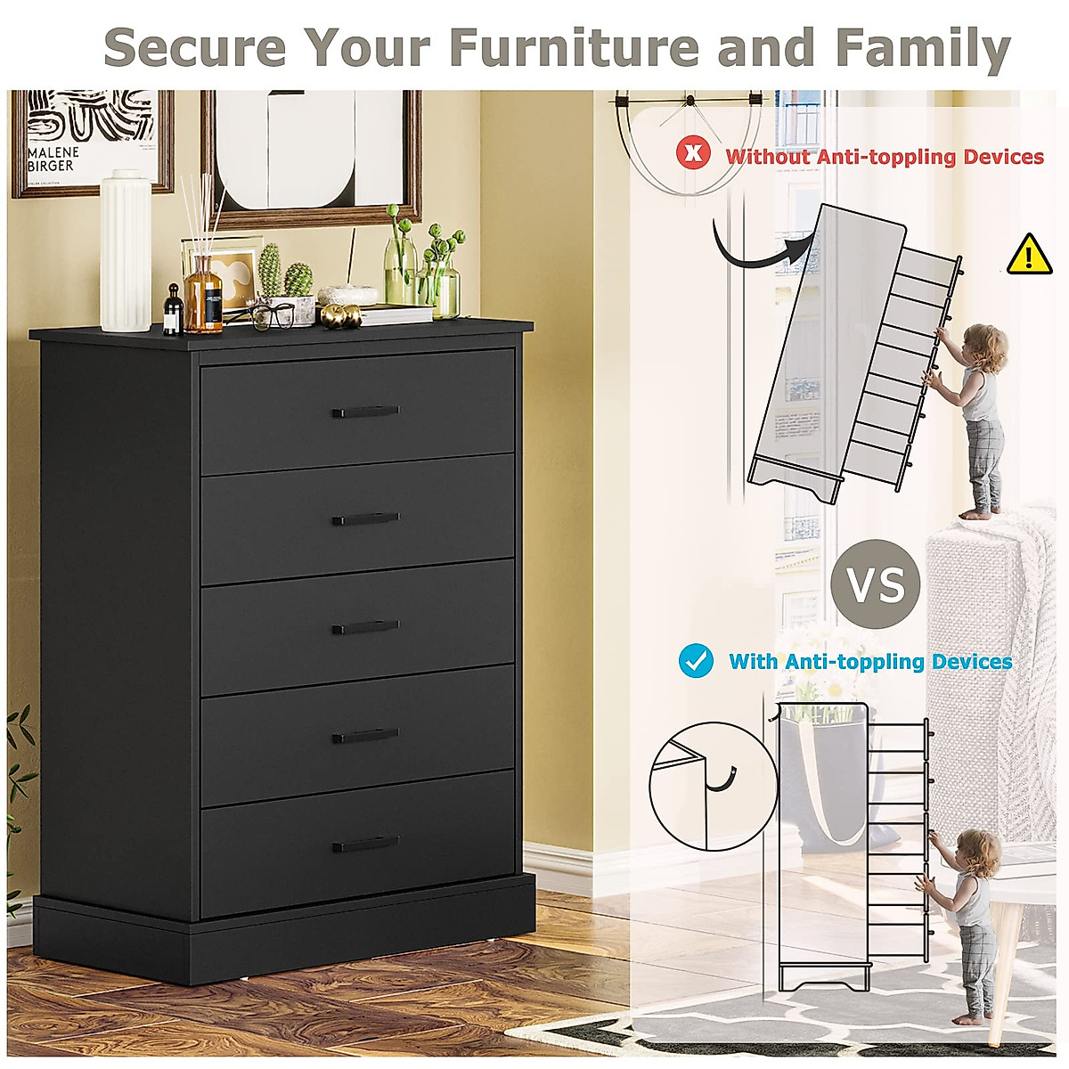 EPHEX Tall Dresser with 5 Drawers for Bedroom, Storage Tower Clothes Organizer, Black Chest of Drawers with Sturdy Pedestal, 27.6'' W x 15.8'' D x 40.2'' H