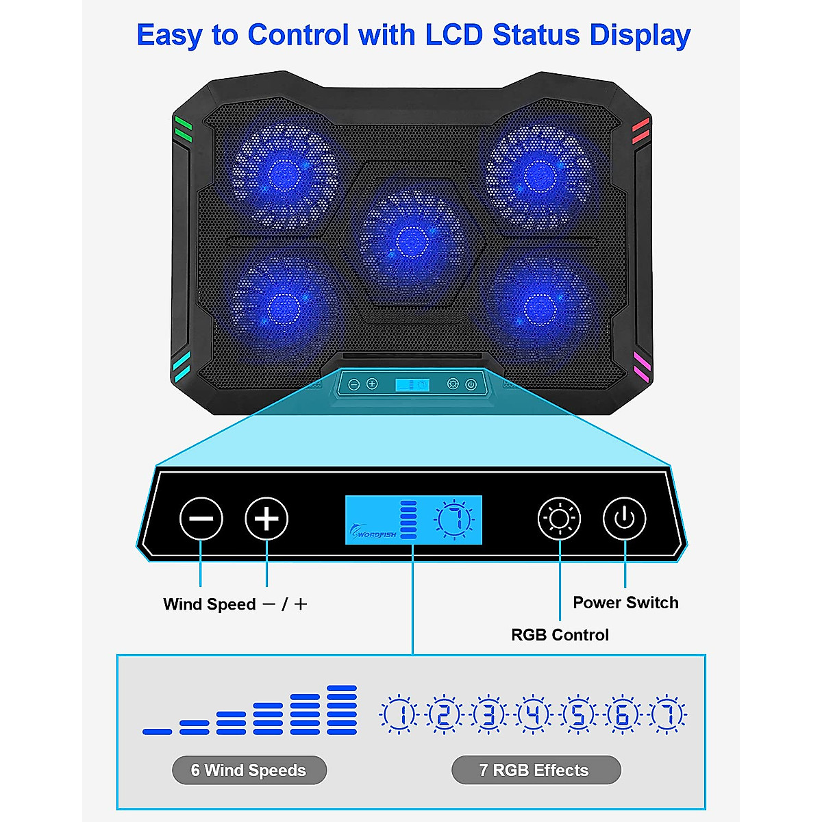 Laptop Cooling Pad with 5 Cooling Fans, Laptop Fan Cooling Pad for 14-17 Inch, Gaming Laptop Cooler Stand with 6 Height Adjustable, Notebook Cooler Pad with Two USB Port [2022 Version]