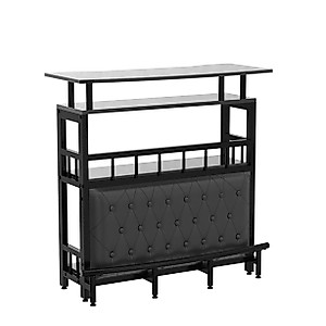 Tribesigns Home Bar Unit for Liquor, 44-Inch Bar Height Table with Storage, Black Entertainment Pub Table, Mini Bar Carts Upholstered&Metal Front Footrest for Kitchen, Balcony, Basement