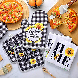 Leinuosen 6 Floral Plant Oven Mitts and Pot Holders Sets Farmhouse Kitchen Towels Absorbent Dish Towels for Cooking Baking Grilling(Classic Color,Plaid Sunflower)