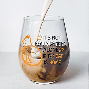 Perfectinsoy It's Not Really Drinking Alone If The Cat Is Home, Cute Semless Wine Glass with Gift Box, Gifts for Cat Mom,Veterinarian and Cat Lovers Mug