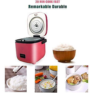 Rice Cooker Small with Removable Non-stick Pot, Mini Rice Cooker for 1-2 People, 4 cups Uncooked, 1.2L Rice Cooker Small, Ideal for Stews, Soups, Porridge, Grains, Oatmeal, Red