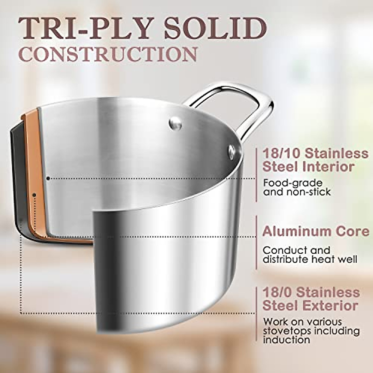 Herogo 6 Quart Stock Pot, 18/10 Stainless Steel Pasta Pot with Lid, 6 QT Cooking Pot with Handles, Tri-Ply Stockpot for Induction Gas Electric Stove, Dishwasher Safe