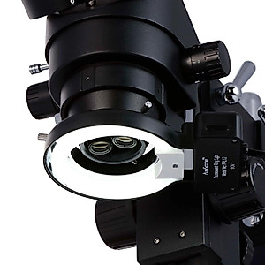 AmScope SM-4TZ-FRL-MB Digital Professional Trinocular Stereo Zoom Microscope, WH10x Eyepieces, 3.5X-90X Magnification, 0.7X-4.5X Zoom Objective, 8W Fluorescent Ring Light, Double-Arm Boom Stand, 110V-120V, Includes 0.5X and 2.0X Barlow Lenses and 1.3MP Ca