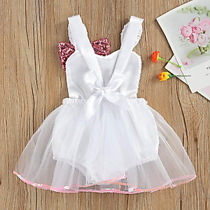 Infant Toddler Baby Girl Easter Outfits Sequin Rabbit Bunny Romper Tutu Dress Bow Halter Sleeveless Bodysuit Party Dresses (White, 18-24 Months)