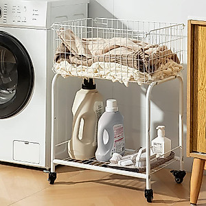 basket for garments storage, easy moved with wheels have brake, Laundry basket, white color，rolling basket (BLACK)