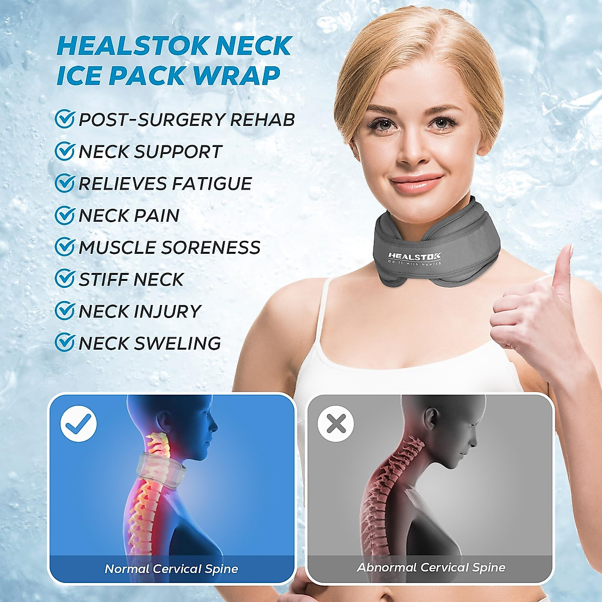 Neck Ice Pack Wrap,Cervical Ice Pack,Cold Compress Ice Packs for Neck Injuries Reusable Cold & Hot Therapy Adjustable Flexible Gel Migraine Ice Head Wrap for Neck Pressure (Grey)