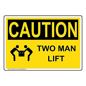 ComplianceSigns.com Caution Two Man Lift OSHA Safety Label Decal, 5x3.5 in. Vinyl 4-Pack for Industrial Notices
