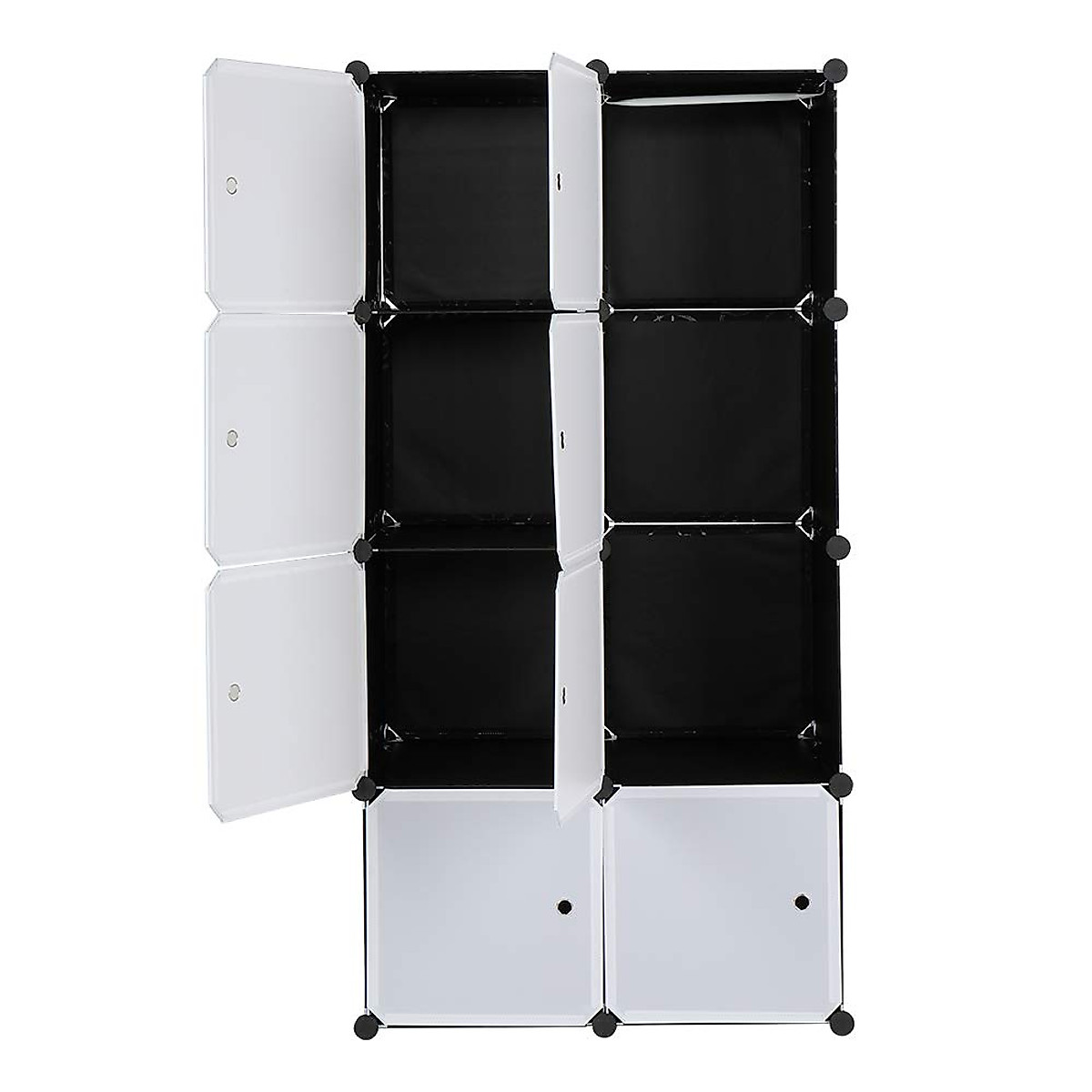 Trlec 20 Cube Organizer Stackable Plastic Cube Storage Shelves Design Multifunctional Modular Closet Cabinet with Hanging Rod White Doors and Black Panels