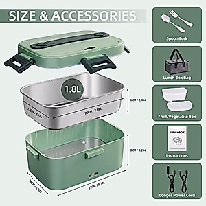 75W Electric Lunch Box Food Heater, 1.8L Large Capacity Heated Lunch Boxes for Adults/Work/Car/Office, 3 in 1 12V/24V/110V Food Warmer Lunch Box with Fork/Spoon and Insulated Carry Bag (Dark Green)