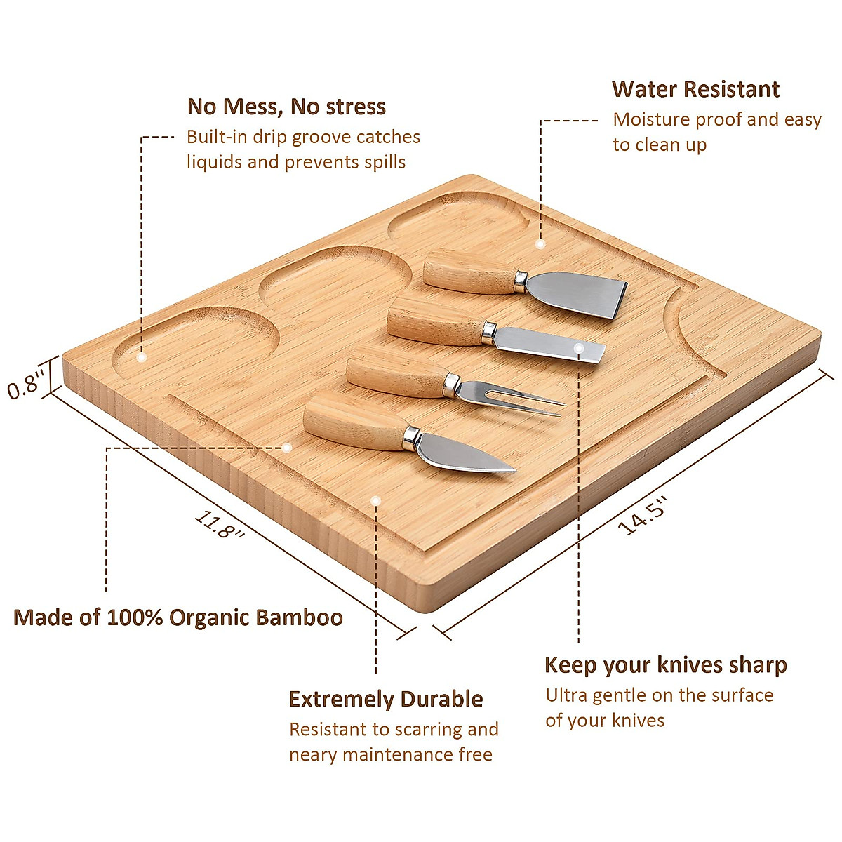 ROYAMY Bamboo Cheese Board Set Charcuterie Platter Bamboo Cutting Board with 4 Stainless Steel Knife Perfect Choice for Birthday Wedding Anniversary- Double Side