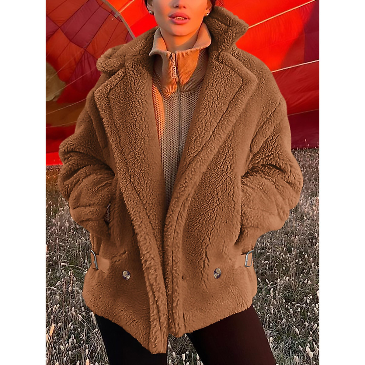 PRETTYGARDEN Womens 2024 Winter Fashion Sherpa Coats Lapel Fleece Jacket Long Sleeve Pockets Faux Fur Dressy Fall Outfits (Camel,Medium)