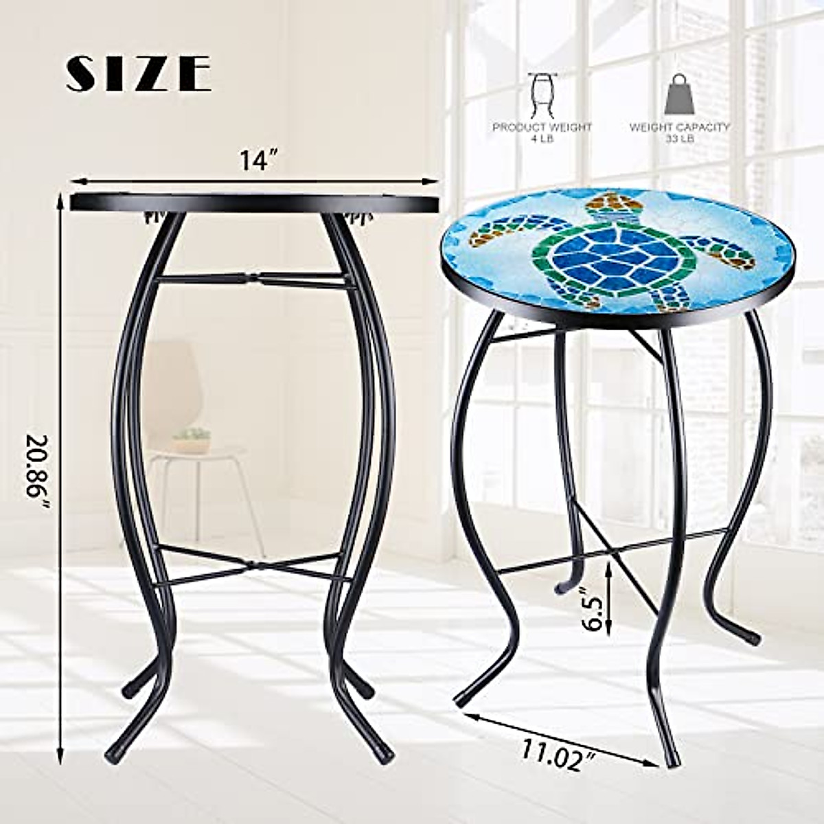 VCUTEKA Patio Side Table Outdoor Accent Table Bistro Coffee Table Plant End Table Small Porch Table Indoor Round Glass Balcony Plant Table Stands Sea Turtle