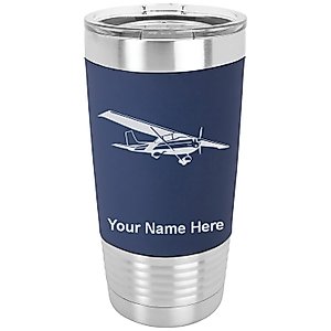 LaserGram 20oz Vacuum Insulated Tumbler Mug, High Wing Airplane, Personalized Engraving Included (Silicone Grip, Navy Blue)
