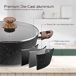 Leetaltree Nonstick Cookware Sets - 16 Pieces Pots and Pans with Utensils and Steamer, Nonstick Cast Aluminum Kitchen Cookware with Bakelite Handles, Non Toxic, PFOS/PFOA Free (Black)