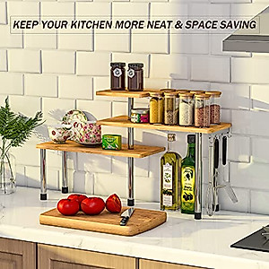 ZHWS Kitchen Countertop Organizer Corner Shelf - 3 Tier Bathroom Storage Display Counter Shelves Bamboo Spice Rack Desk Bookshelf with Hooks